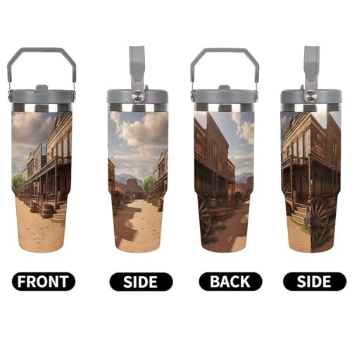 BWQJKUO Large Capacity Car Cup 30 Oz Stainless Steel Old Wild West Cowboy Town Printed Travel Mug Leak-proof Flip Straw Tumbler with Handle,keeps Cold Or Ho