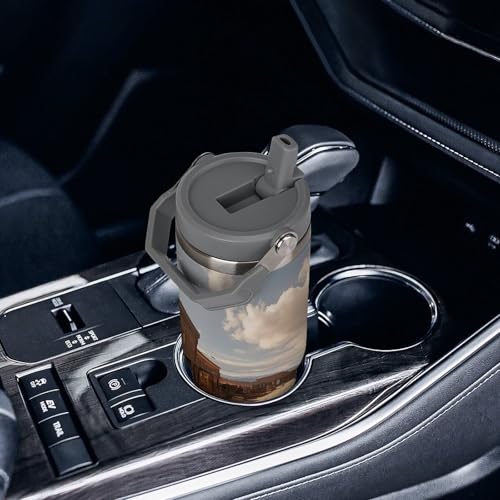 BWQJKUO Large Capacity Car Cup 30 Oz Stainless Steel Old Wild West Cowboy Town Printed Travel Mug Leak-proof Flip Straw Tumbler with Handle,keeps Cold Or Ho