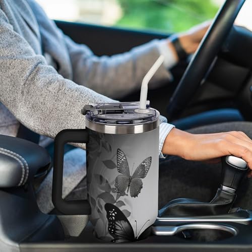Black Gray Butterflies Insulated Stainless Steel Travel Mug, 40 Oz Tumbler with Handle And Straw Double-Wall Vacuum Coffee Cup, Leak-Proof Lid, Keeps Drinks Hot/Cold for Hours