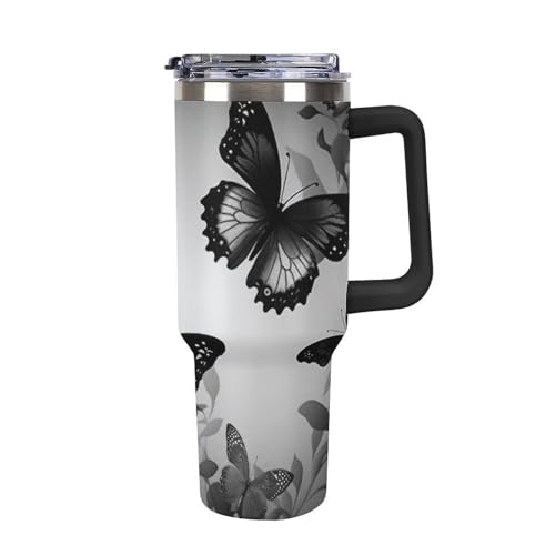 Black Gray Butterflies Insulated Stainless Steel Travel Mug, 40 Oz Tumbler with Handle And Straw Double-Wall Vacuum Coffee Cup, Leak-Proof Lid, Keeps Drinks Hot/Cold for Hours