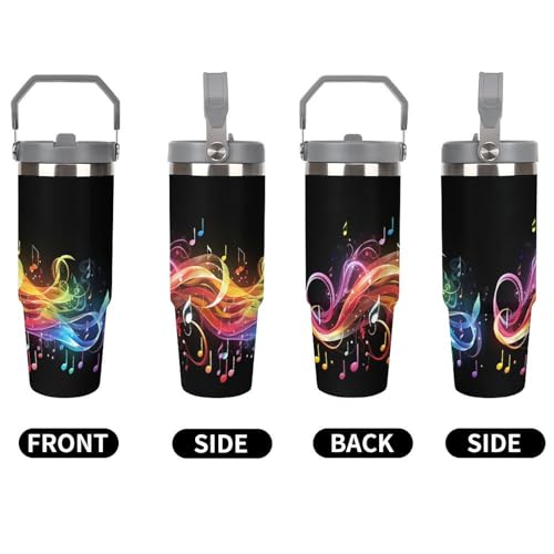 BWQJKUO Large Capacity Car Cup 30 Oz Stainless Steel Rainbow Musical Note Melody Printed Travel Mug Leak-proof Flip Straw Tumbler with Handle,keeps Cold Or Ho