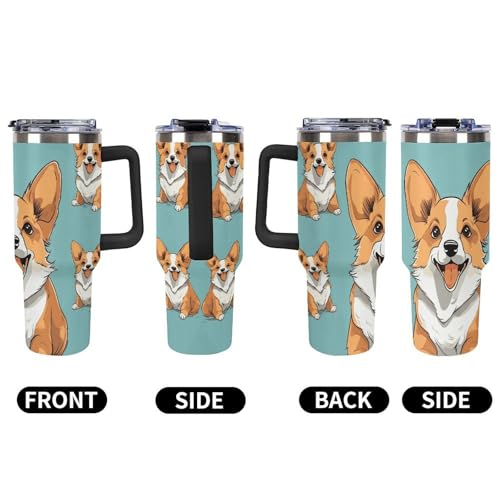 LPSADGF Corgi Cute Dog Insulated Stainless Steel Travel Mug, 40 Oz Tumbler with Handle And Straw Double-Wall Vacuum Coffee Cup, Leak-Proof Lid, Keeps Drinks Hot/Cold for Hours