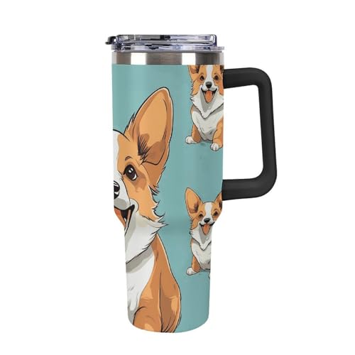 LPSADGF Corgi Cute Dog Insulated Stainless Steel Travel Mug, 40 Oz Tumbler with Handle And Straw Double-Wall Vacuum Coffee Cup, Leak-Proof Lid, Keeps Drinks Hot/Cold for Hours