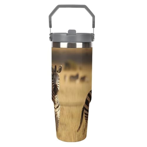 BWQJKUO Large Capacity Car Cup 30 Oz Stainless Steel Zebras in The Grass of The Savanna Printed Travel Mug Leak-proof Flip Straw Tumbler with Handle,keeps Cold Or Ho