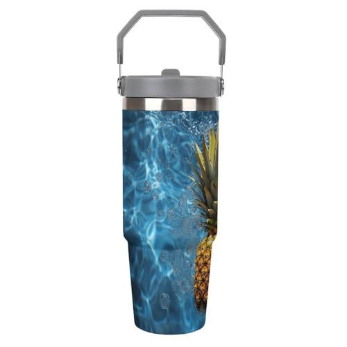 BWQJKUO Large Capacity Car Cup 30 Oz Stainless Steel Pineapple in The Pool Printed Travel Mug Leak-proof Flip Straw Tumbler with Handle,keeps Cold Or Ho