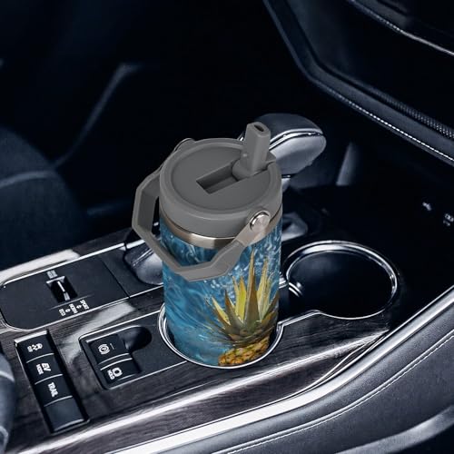 BWQJKUO Large Capacity Car Cup 30 Oz Stainless Steel Pineapple in The Pool Printed Travel Mug Leak-proof Flip Straw Tumbler with Handle,keeps Cold Or Ho