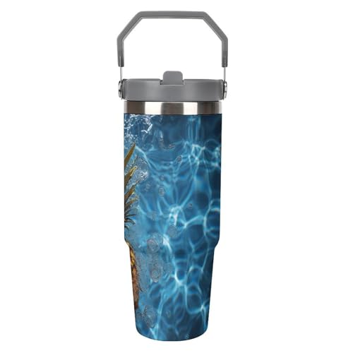 BWQJKUO Large Capacity Car Cup 30 Oz Stainless Steel Pineapple in The Pool Printed Travel Mug Leak-proof Flip Straw Tumbler with Handle,keeps Cold Or Ho