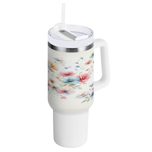 Jihqo Watercolor Cute Flowers 40 oz Stainless Steel Vacuum Insulated Tumbler with Handle and Straw Lid Reusable Leakproof Water Bottle Double Wall Travel Mug Coffee Cup, Cupholder Friendly