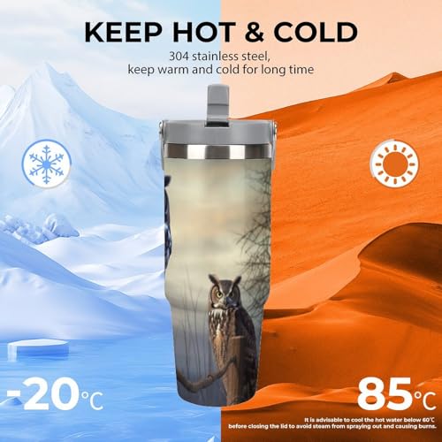 BWQJKUO Large Capacity Car Cup 30 Oz Stainless Steel Owl Sitting Tree Fence Printed Travel Mug Leak-proof Flip Straw Tumbler with Handle,keeps Cold Or Ho