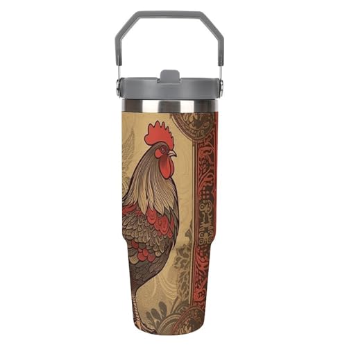 BWQJKUO Large Capacity Car Cup 30 Oz Stainless Steel Old Rooster Illustration Printed Travel Mug Leak-proof Flip Straw Tumbler with Handle,keeps Cold Or Ho