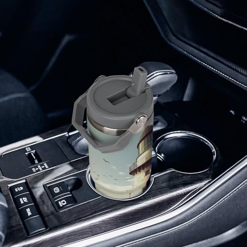 BWQJKUO Large Capacity Car Cup 30 Oz Stainless Steel Old Lighthouse Printed Travel Mug Leak-proof Flip Straw Tumbler with Handle,keeps Cold Or Ho