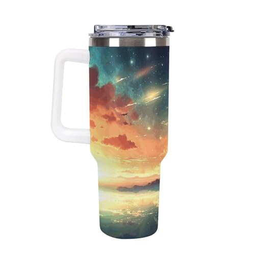 LLUTSNTH 40 Oz Vacuum Tumbler with White Handle Leakproof Insulated Tumbler Anime Stainless Steel Travel Mug with Lid And Straw Coffee Cup Cute Water Bottles Cup Holder Friendly
