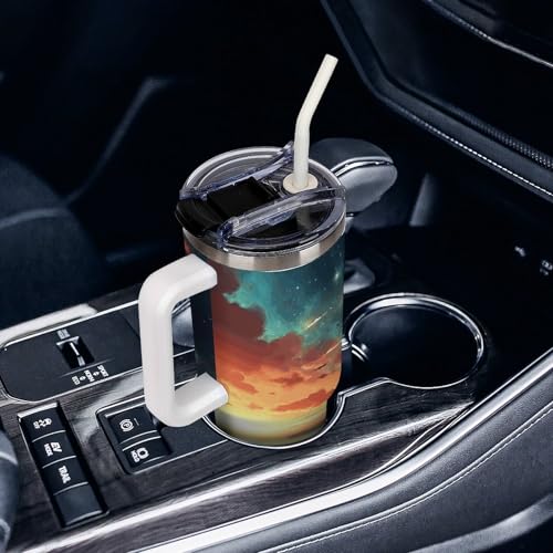 LLUTSNTH 40 Oz Vacuum Tumbler with White Handle Leakproof Insulated Tumbler Anime Stainless Steel Travel Mug with Lid And Straw Coffee Cup Cute Water Bottles Cup Holder Friendly