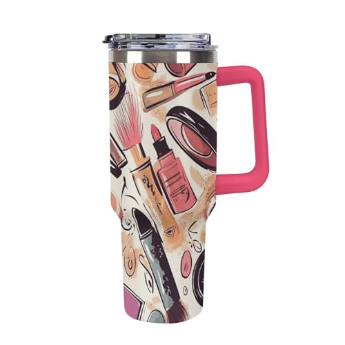 40 Oz Vacuum Tumbler with Light Rose Red Handle Leakproof Insulated Tumbler Cosmetic And Makeup Theme Pattern Stainless Steel Travel Mug with Lid And Straw Coffee Cup Cute Water Bottles Cup Holder Fri