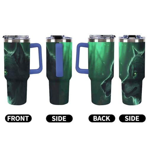LLUTSNTH 40 Oz Vacuum Tumbler with Deep Blue Handle Leakproof Insulated Tumbler Green Wolf Stainless Steel Travel Mug with Lid And Straw Coffee Cup Cute Water Bottles Cup Holder Friendly
