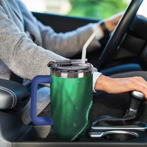 LLUTSNTH 40 Oz Vacuum Tumbler with Deep Blue Handle Leakproof Insulated Tumbler Green Wolf Stainless Steel Travel Mug with Lid And Straw Coffee Cup Cute Water Bottles Cup Holder Friendly