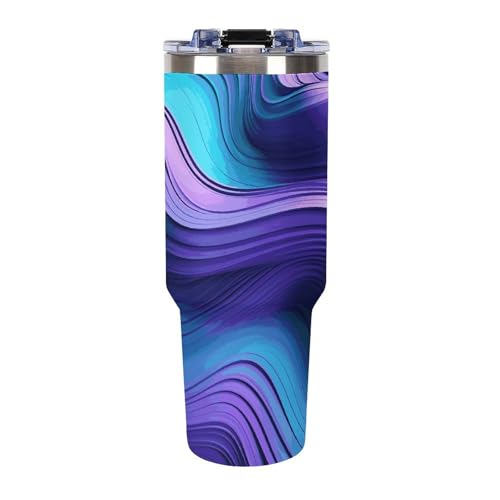 LLUTSNTH 40 Oz Vacuum Tumbler with White Handle Leakproof Insulated Tumbler Wavy Purple Stainless Steel Travel Mug with Lid And Straw Coffee Cup Cute Water Bottles Cup Holder Friendly