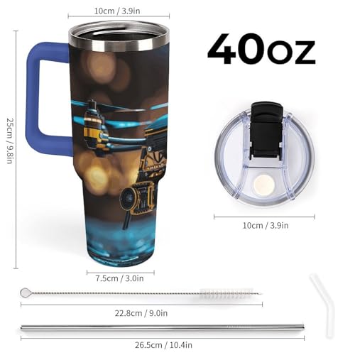 LLUTSNTH 40 Oz Vacuum Tumbler with Deep Blue Handle Leakproof Insulated Tumbler Drone Stainless Steel Travel Mug with Lid And Straw Coffee Cup Cute Water Bottles Cup Holder Friendly