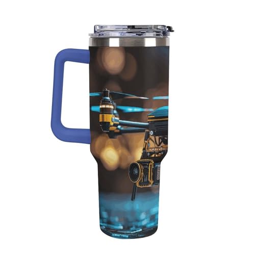 LLUTSNTH 40 Oz Vacuum Tumbler with Deep Blue Handle Leakproof Insulated Tumbler Drone Stainless Steel Travel Mug with Lid And Straw Coffee Cup Cute Water Bottles Cup Holder Friendly