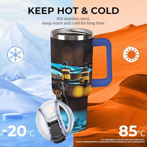 LLUTSNTH 40 Oz Vacuum Tumbler with Deep Blue Handle Leakproof Insulated Tumbler Drone Stainless Steel Travel Mug with Lid And Straw Coffee Cup Cute Water Bottles Cup Holder Friendly