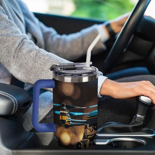 LLUTSNTH 40 Oz Vacuum Tumbler with Deep Blue Handle Leakproof Insulated Tumbler Drone Stainless Steel Travel Mug with Lid And Straw Coffee Cup Cute Water Bottles Cup Holder Friendly