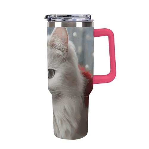 LLUTSNTH 40 Oz Vacuum Tumbler with Light Rose Red Handle Leakproof Insulated Tumbler Cute White Cat Stainless Steel Travel Mug with Lid And Straw Coffee Cup Cute Water Bottles Cup Holder Friendly
