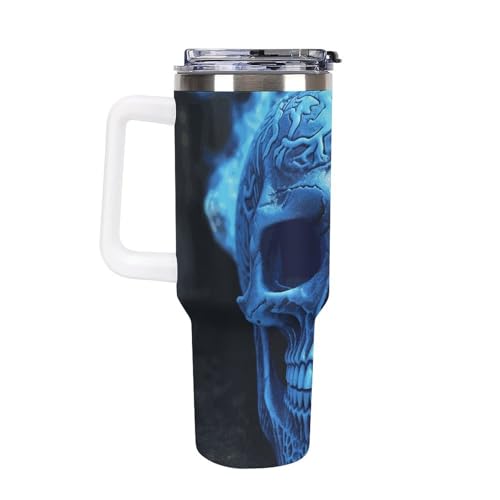LLUTSNTH 40 Oz Vacuum Tumbler with White Handle Leakproof Insulated Tumbler 3D Print Blue Skull Stainless Steel Travel Mug with Lid And Straw Coffee Cup Cute Water Bottles Cup Holder Friendly