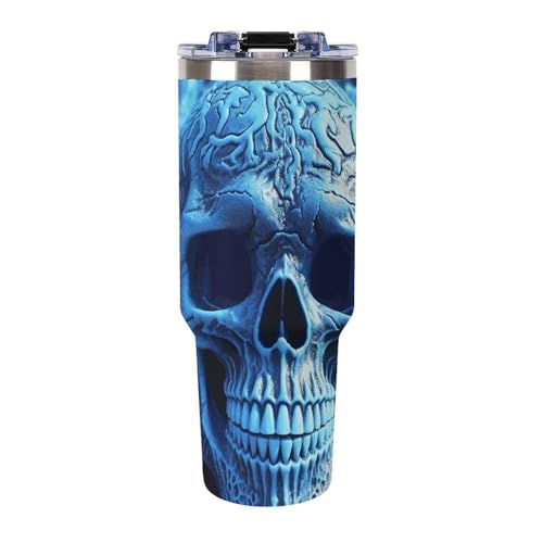 LLUTSNTH 40 Oz Vacuum Tumbler with White Handle Leakproof Insulated Tumbler 3D Print Blue Skull Stainless Steel Travel Mug with Lid And Straw Coffee Cup Cute Water Bottles Cup Holder Friendly