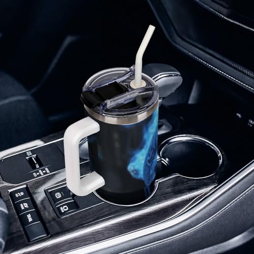 LLUTSNTH 40 Oz Vacuum Tumbler with White Handle Leakproof Insulated Tumbler 3D Print Blue Skull Stainless Steel Travel Mug with Lid And Straw Coffee Cup Cute Water Bottles Cup Holder Friendly