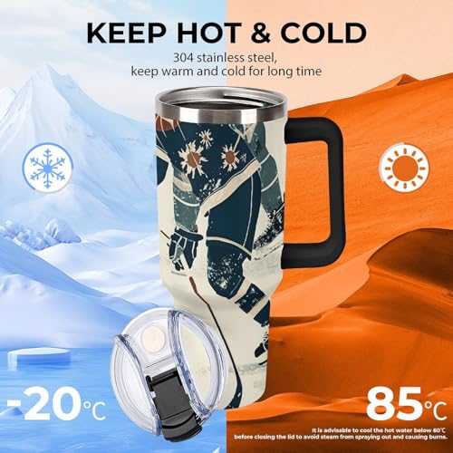 LLUTSNTH 40 Oz Vacuum Tumbler with Black Handle Leakproof Insulated Tumbler Ice Hockey Pattern Stainless Steel Travel Mug with Lid And Straw Coffee Cup Cute Water Bottles Cup Holder Friendly