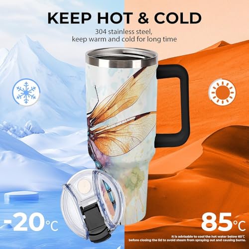 40 Oz Vacuum Tumbler with Black Handle Leakproof Insulated Tumbler Dragonfly Watercolor Painting Stainless Steel Travel Mug with Lid And Straw Coffee Cup Cute Water Bottles Cup Holder Friendly