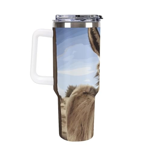 LLUTSNTH 40 Oz Vacuum Tumbler with White Handle Leakproof Insulated Tumbler Funny Donkey Stainless Steel Travel Mug with Lid And Straw Coffee Cup Cute Water Bottles Cup Holder Friendly
