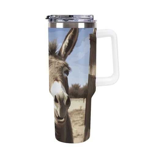 LLUTSNTH 40 Oz Vacuum Tumbler with White Handle Leakproof Insulated Tumbler Funny Donkey Stainless Steel Travel Mug with Lid And Straw Coffee Cup Cute Water Bottles Cup Holder Friendly