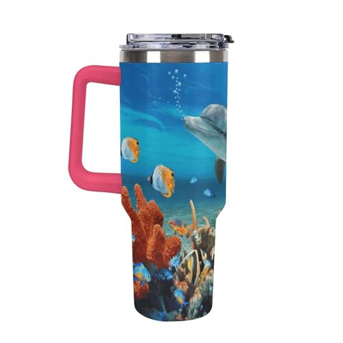 LLUTSNTH 40 Oz Vacuum Tumbler with Light Rose Red Handle Leakproof Insulated Tumbler Dolphins Blue Stainless Steel Travel Mug with Lid And Straw Coffee Cup Cute Water Bottles Cup Holder Friendly