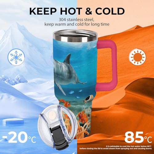 LLUTSNTH 40 Oz Vacuum Tumbler with Light Rose Red Handle Leakproof Insulated Tumbler Dolphins Blue Stainless Steel Travel Mug with Lid And Straw Coffee Cup Cute Water Bottles Cup Holder Friendly