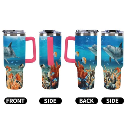 LLUTSNTH 40 Oz Vacuum Tumbler with Light Rose Red Handle Leakproof Insulated Tumbler Dolphins Blue Stainless Steel Travel Mug with Lid And Straw Coffee Cup Cute Water Bottles Cup Holder Friendly
