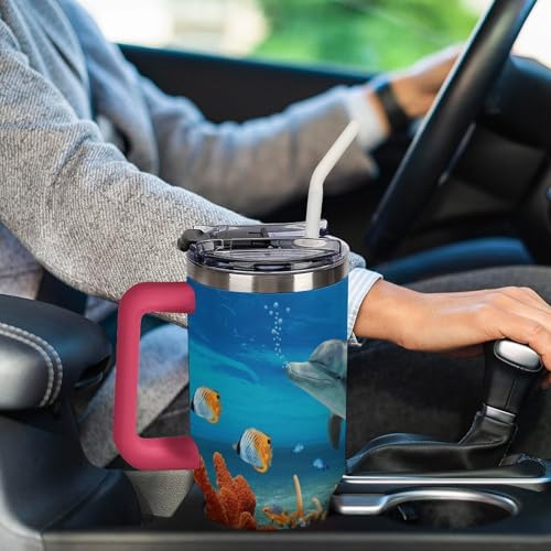LLUTSNTH 40 Oz Vacuum Tumbler with Light Rose Red Handle Leakproof Insulated Tumbler Dolphins Blue Stainless Steel Travel Mug with Lid And Straw Coffee Cup Cute Water Bottles Cup Holder Friendly