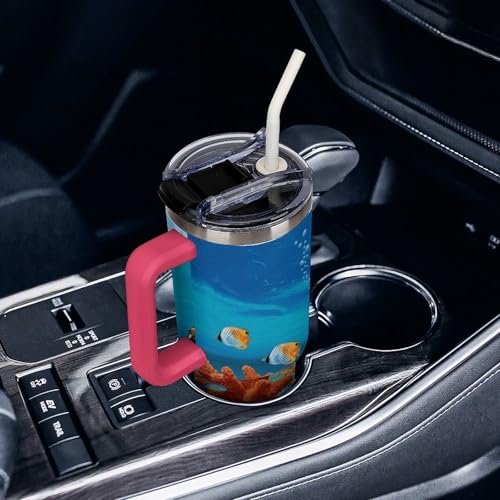 LLUTSNTH 40 Oz Vacuum Tumbler with Light Rose Red Handle Leakproof Insulated Tumbler Dolphins Blue Stainless Steel Travel Mug with Lid And Straw Coffee Cup Cute Water Bottles Cup Holder Friendly