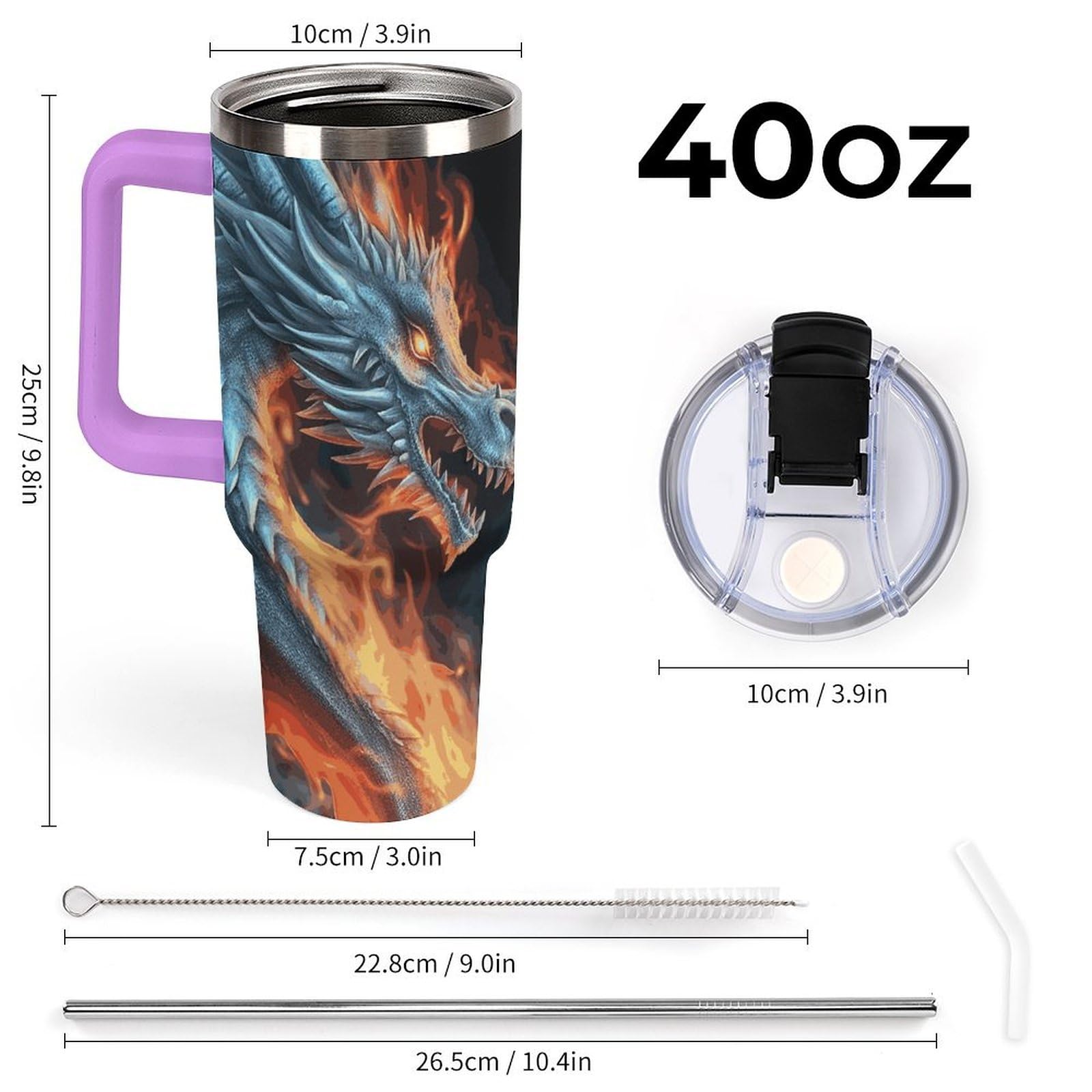 LLUTSNTH 40 Oz Vacuum Tumbler with Violet Handle Leakproof Insulated Tumbler Ice And Fire Dragons Stainless Steel Travel Mug with Lid And Straw Coffee Cup Cute Water Bottles Cup Holder Friendly