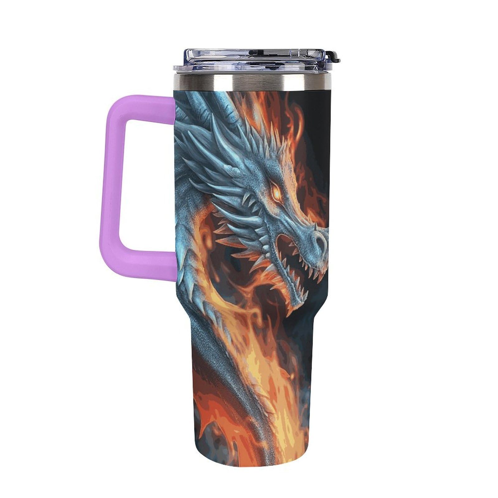LLUTSNTH 40 Oz Vacuum Tumbler with Violet Handle Leakproof Insulated Tumbler Ice And Fire Dragons Stainless Steel Travel Mug with Lid And Straw Coffee Cup Cute Water Bottles Cup Holder Friendly