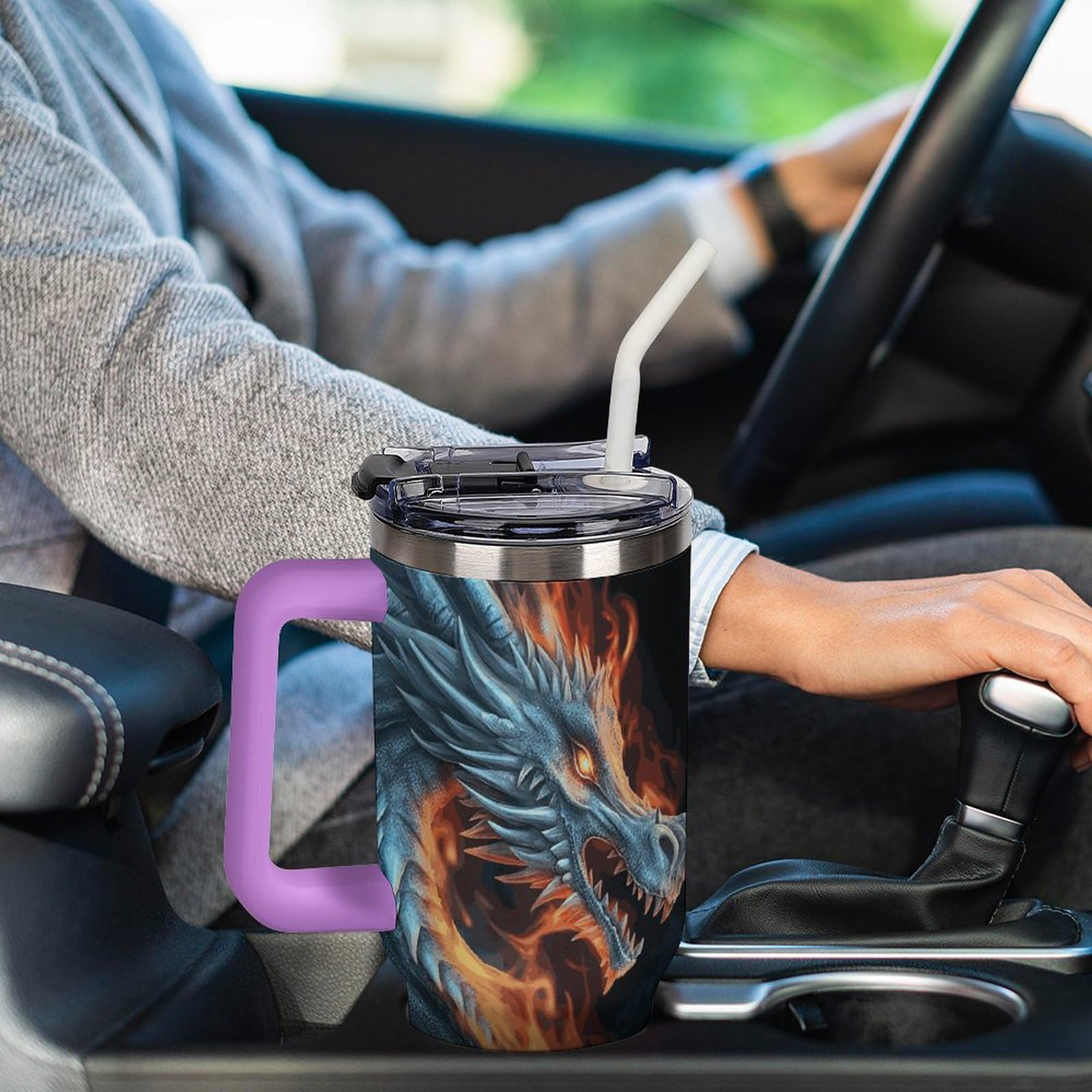 LLUTSNTH 40 Oz Vacuum Tumbler with Violet Handle Leakproof Insulated Tumbler Ice And Fire Dragons Stainless Steel Travel Mug with Lid And Straw Coffee Cup Cute Water Bottles Cup Holder Friendly