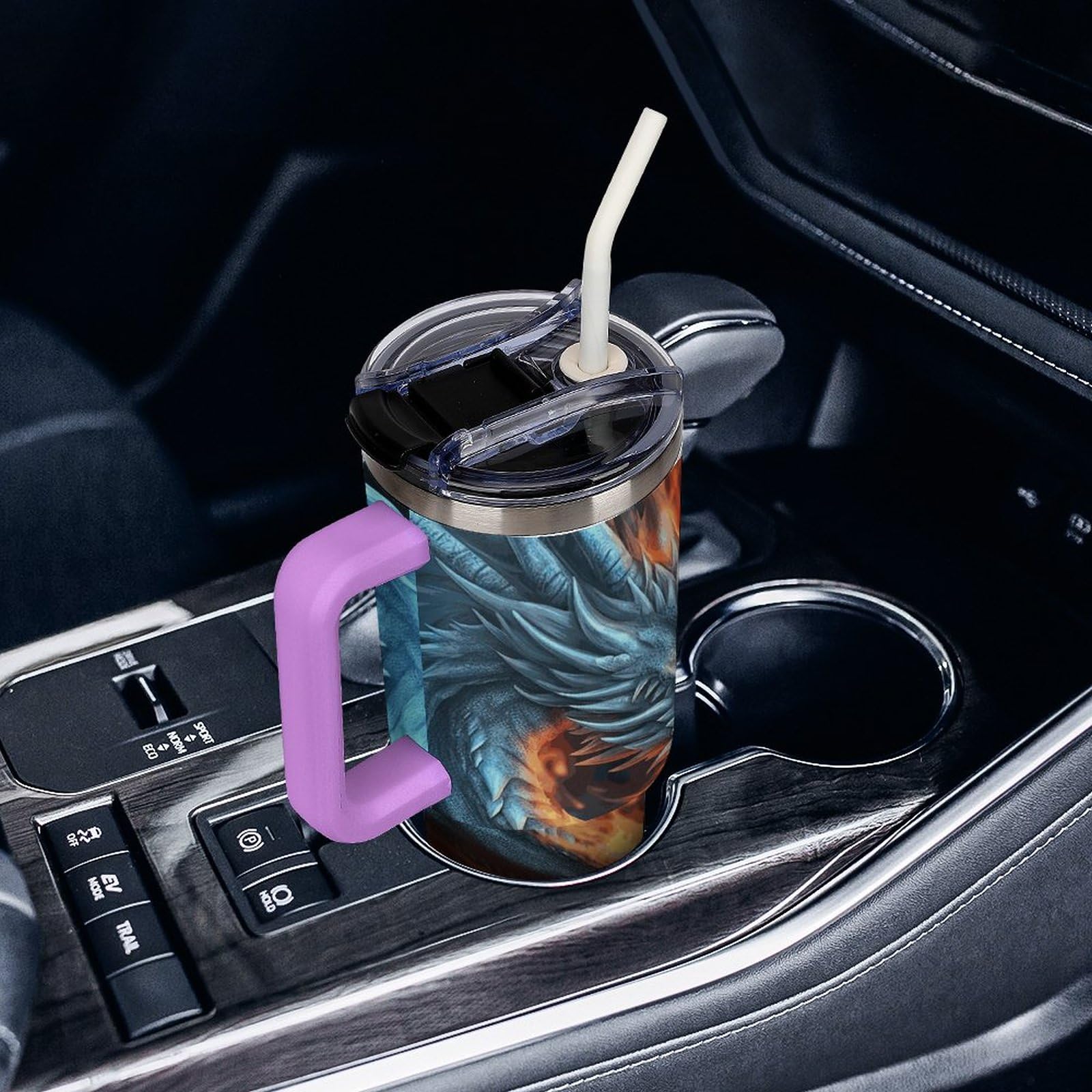 LLUTSNTH 40 Oz Vacuum Tumbler with Violet Handle Leakproof Insulated Tumbler Ice And Fire Dragons Stainless Steel Travel Mug with Lid And Straw Coffee Cup Cute Water Bottles Cup Holder Friendly