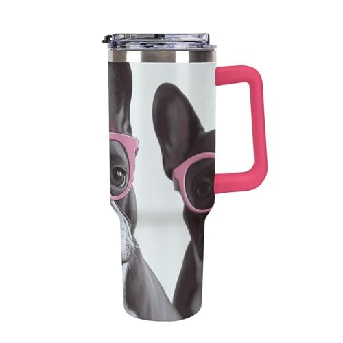 40 Oz Vacuum Tumbler with Light Rose Red Handle Leakproof Insulated Tumbler French Bulldog Pink Glasses Stainless Steel Travel Mug with Lid And Straw Coffee Cup Cute Water Bottles Cup Holder Friendly