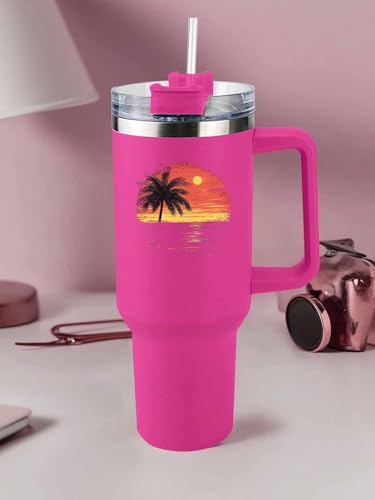 40 ounce insulated cup with handle, double-layer vacuum stainless steel material, equipped with straw, can keep warm or maintain cold drinks Dusk Sunset Palm Trees Sunset Bright pink