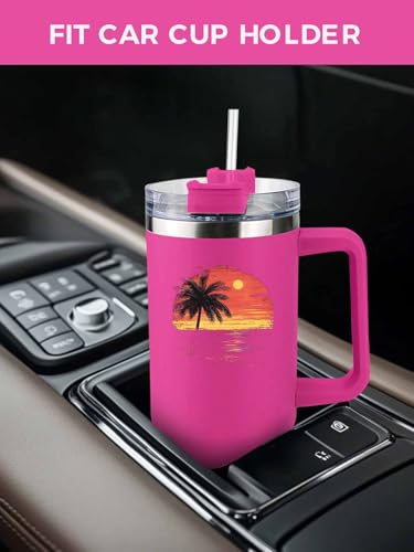 40 ounce insulated cup with handle, double-layer vacuum stainless steel material, equipped with straw, can keep warm or maintain cold drinks Dusk Sunset Palm Trees Sunset Bright pink