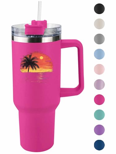 40 ounce insulated cup with handle, double-layer vacuum stainless steel material, equipped with straw, can keep warm or maintain cold drinks Dusk Sunset Palm Trees Sunset Bright pink
