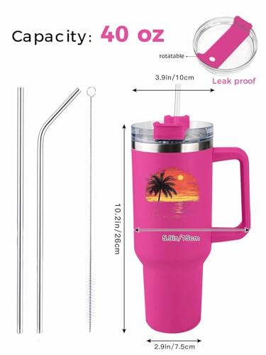 40 ounce insulated cup with handle, double-layer vacuum stainless steel material, equipped with straw, can keep warm or maintain cold drinks Dusk Sunset Palm Trees Sunset Bright pink