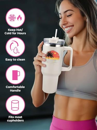 40 ounce insulated cup with handle, double-layer vacuum stainless steel material, equipped with straw, can keep warm or maintain cold drinks Dusk Sunset Palm Trees Sunset Bright pink