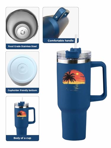 40 ounce insulated cup with handle, double-layer vacuum stainless steel material, equipped with straw, can keep warm or maintain cold drinks Dusk Sunset Palm Trees Sunset Bright pink