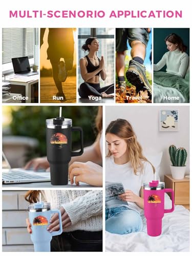 40 ounce insulated cup with handle, double-layer vacuum stainless steel material, equipped with straw, can keep warm or maintain cold drinks Dusk Sunset Palm Trees Sunset Bright pink